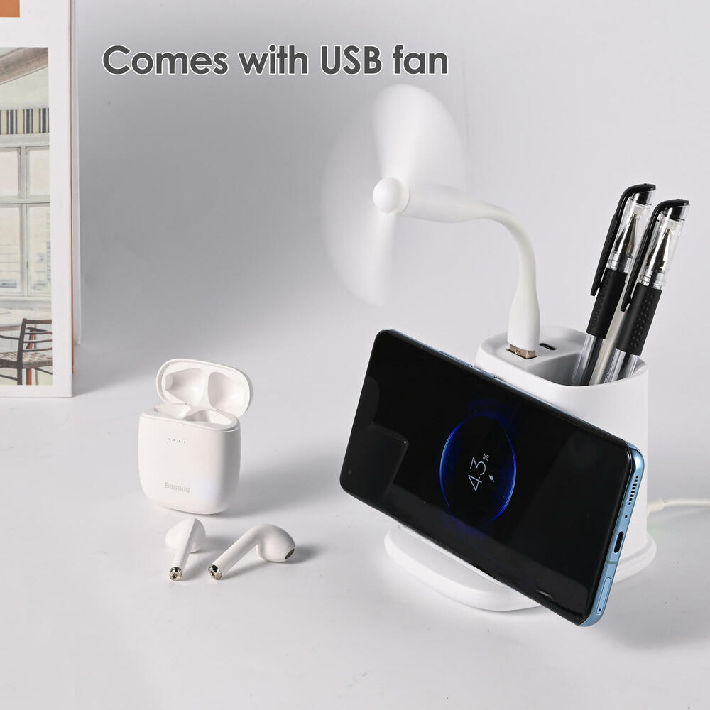4 In 1 10W Wireless Charger Pen Holder with Funny Mini USB Lamp & USB ...