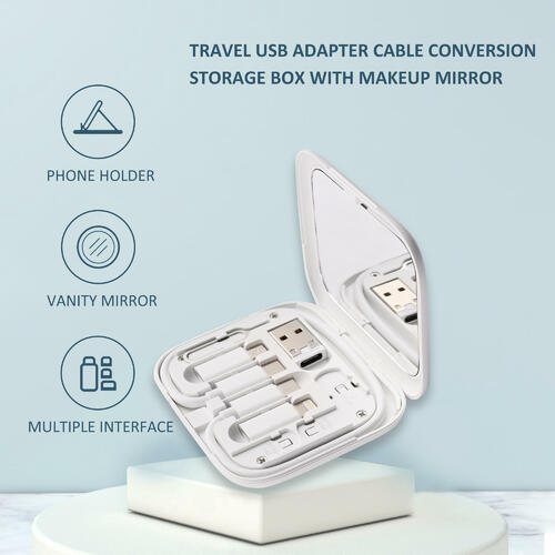 Travel USB Adapter Cable Conversion Storage Box with Makeup Mirror and ...