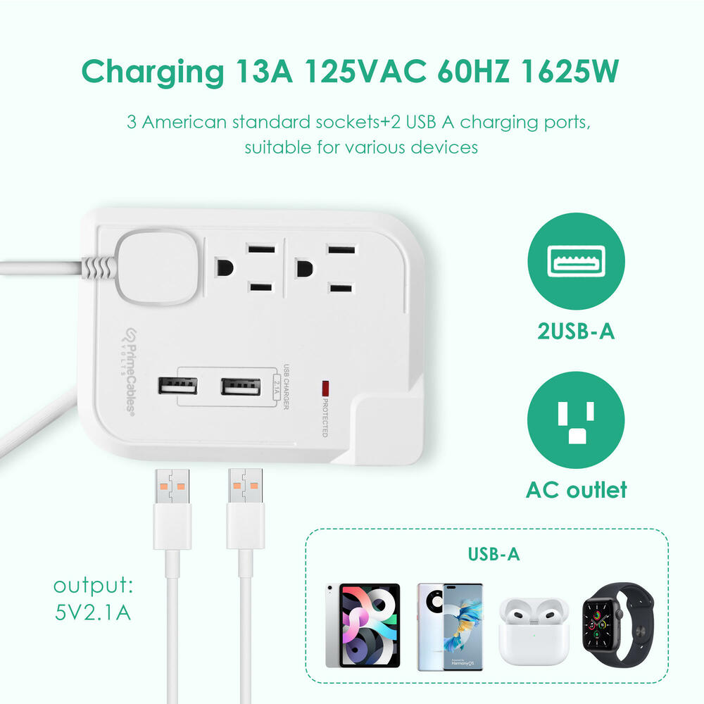 [Primecables.ca] Compact Surge Protector Power Strip - 3 AC Outlets, 2 ...