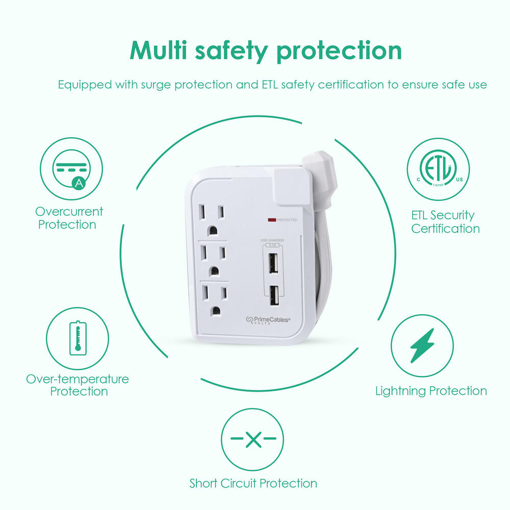 Compact Surge Protector Power Strip - 3 AC Outlets, 2 USB-A Ports