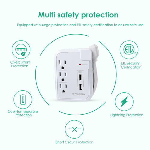 Compact Surge Protector Power Strip - 3 AC Outlets, 2 USB-A Ports