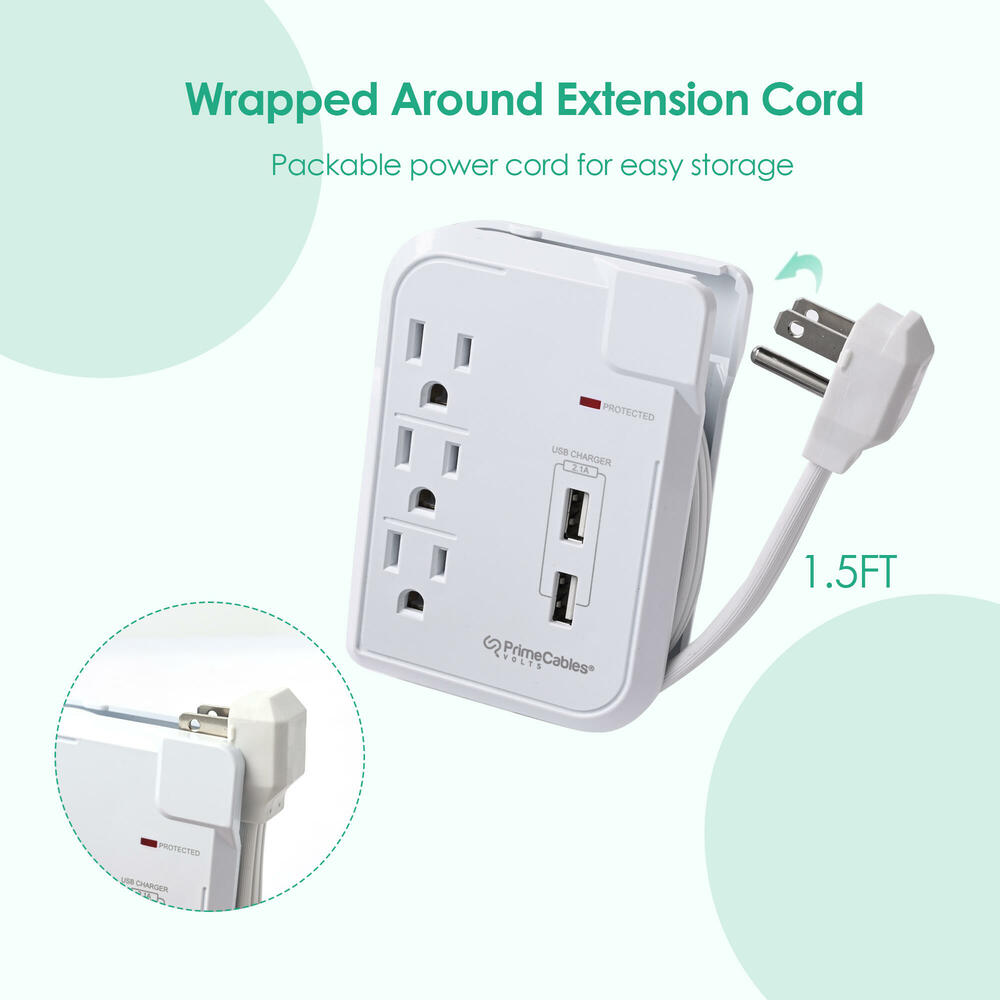 Compact Surge Protector Power Strip - 3 AC Outlets, 2 USB-A Ports