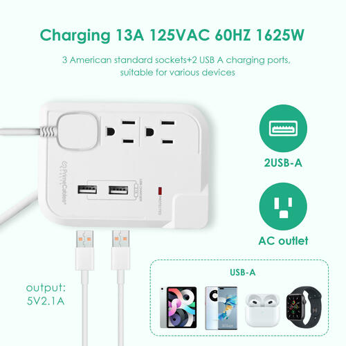 Compact Surge Protector Power Strip - 3 AC Outlets, 2 USB-A Ports