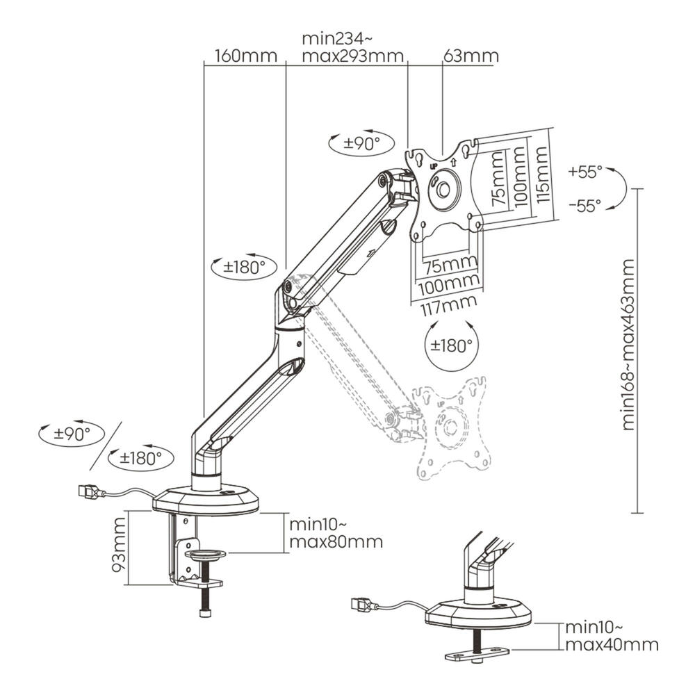 RGB Light Clamp-on Single 17 to 32 inch Pneumatic Monitor Arm ...