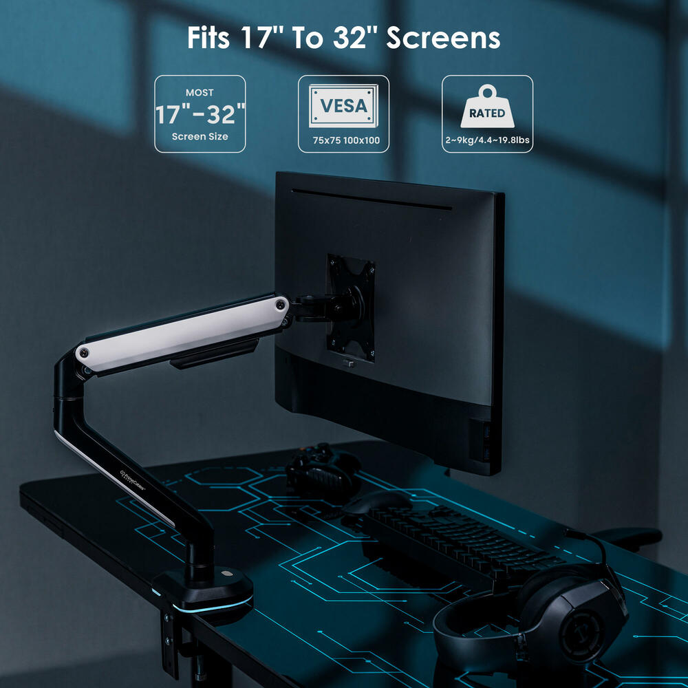 RGB Light Clamp-on Single 17 to 32 inch Pneumatic Monitor Arm ...