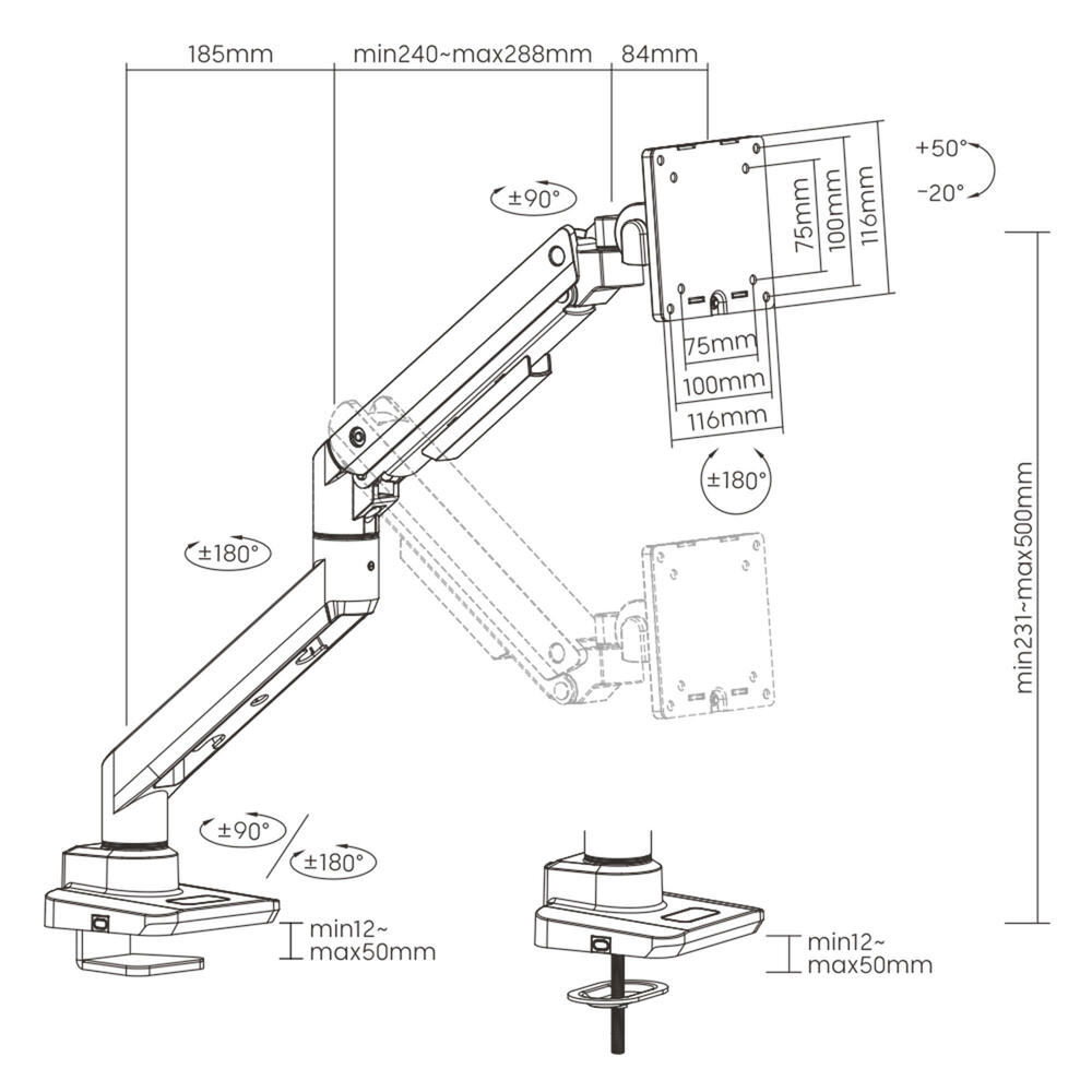 Heavy-Duty Gas Spring Monitor Arm for 17"-49" - PrimeCables