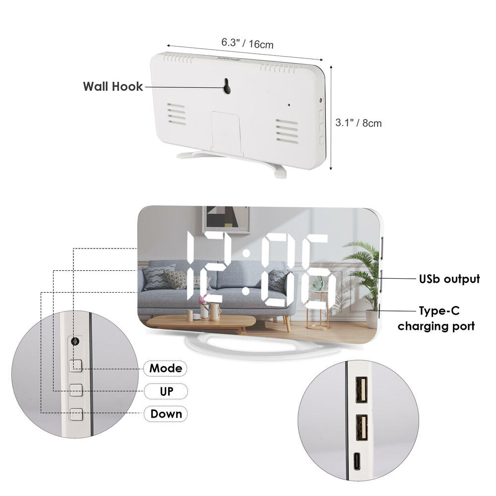 Digital Alarm Clock,Large LED Mirror Display, USB Charging Ports ...