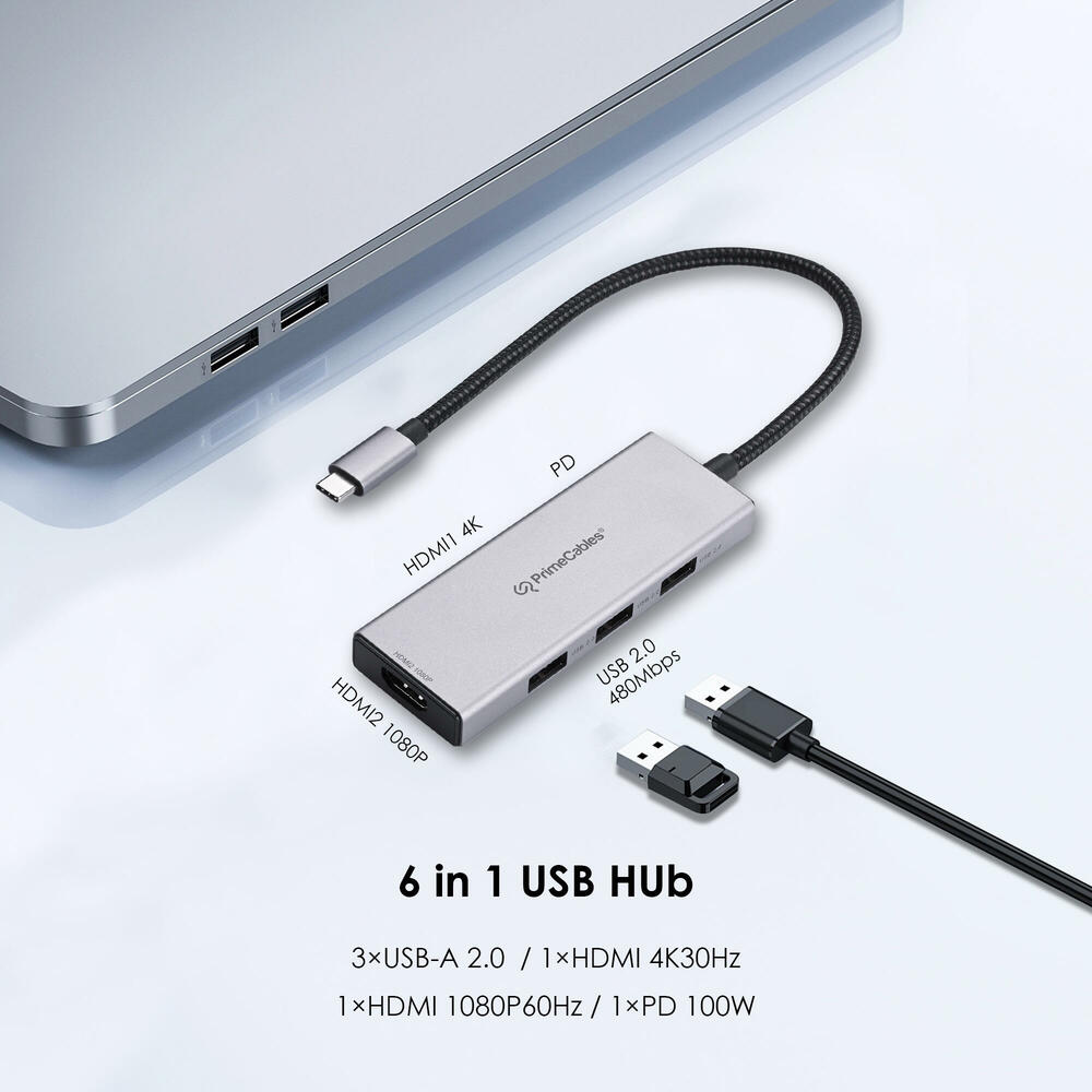 6-in-1 USB-C Hub – HDMI, 3 USB-A, 100W PD