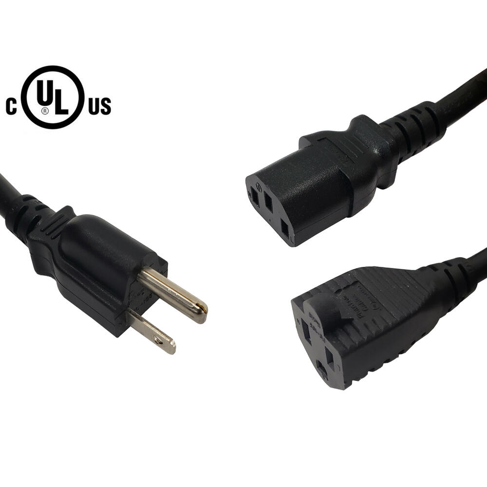 NEMA 5-15P to IEC C13 & NEMA 5-15R Power Splitter Cable - 16AWG (13A 125V) - SJT