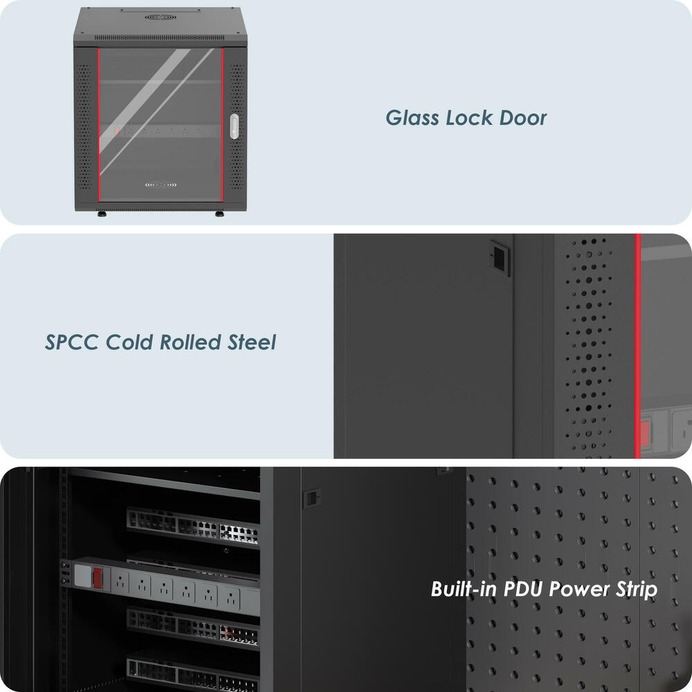 12U Server Rack Cabinet with PDU and Glass Lock Door