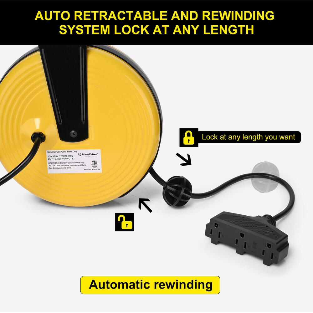 Enrouleur de rallonge rétractable de 25 pieds, SJTW 16 AWG/3C, 10A ...
