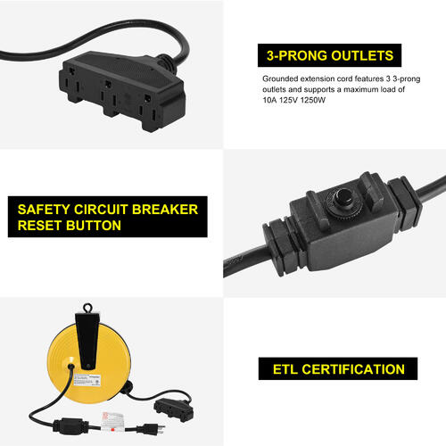 25Ft Retractable Extension Cord Reel, SJTW 16 AWG/3C, 10A/1250W ...