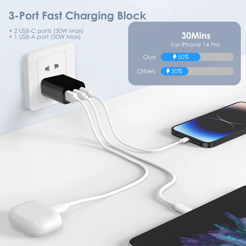 30W Ultra Compact GaN III USB Charger, 3 Port Fast Charging Block 2 USB-C + 1 USB-A - PrimeCables®