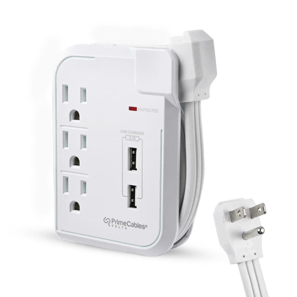 Compact Surge Protector Power Strip - 3 AC Outlets, 2 USB-A Ports
