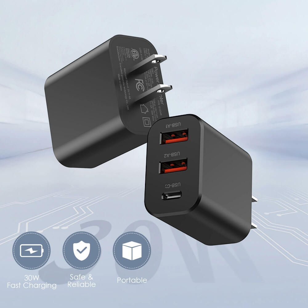 30W GaN USB Charger with 2 USB-A and 1 USB-C Ports