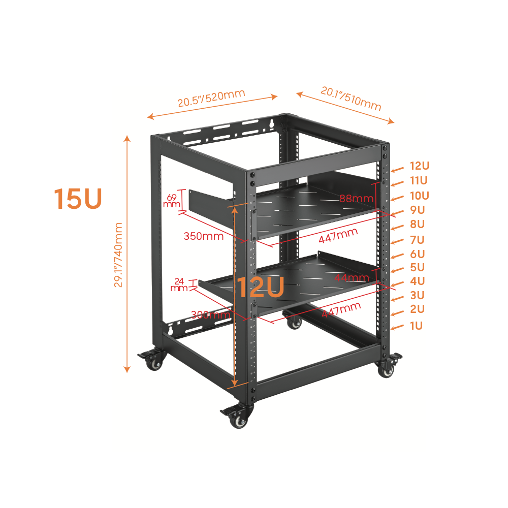 15U/12U Capacity Open Frame Server Rack with Wheels for 19" Networking ...
