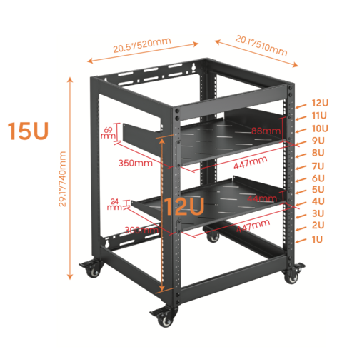 15U/12U Capacity Open Frame Server Rack with Wheels for 19" Networking ...