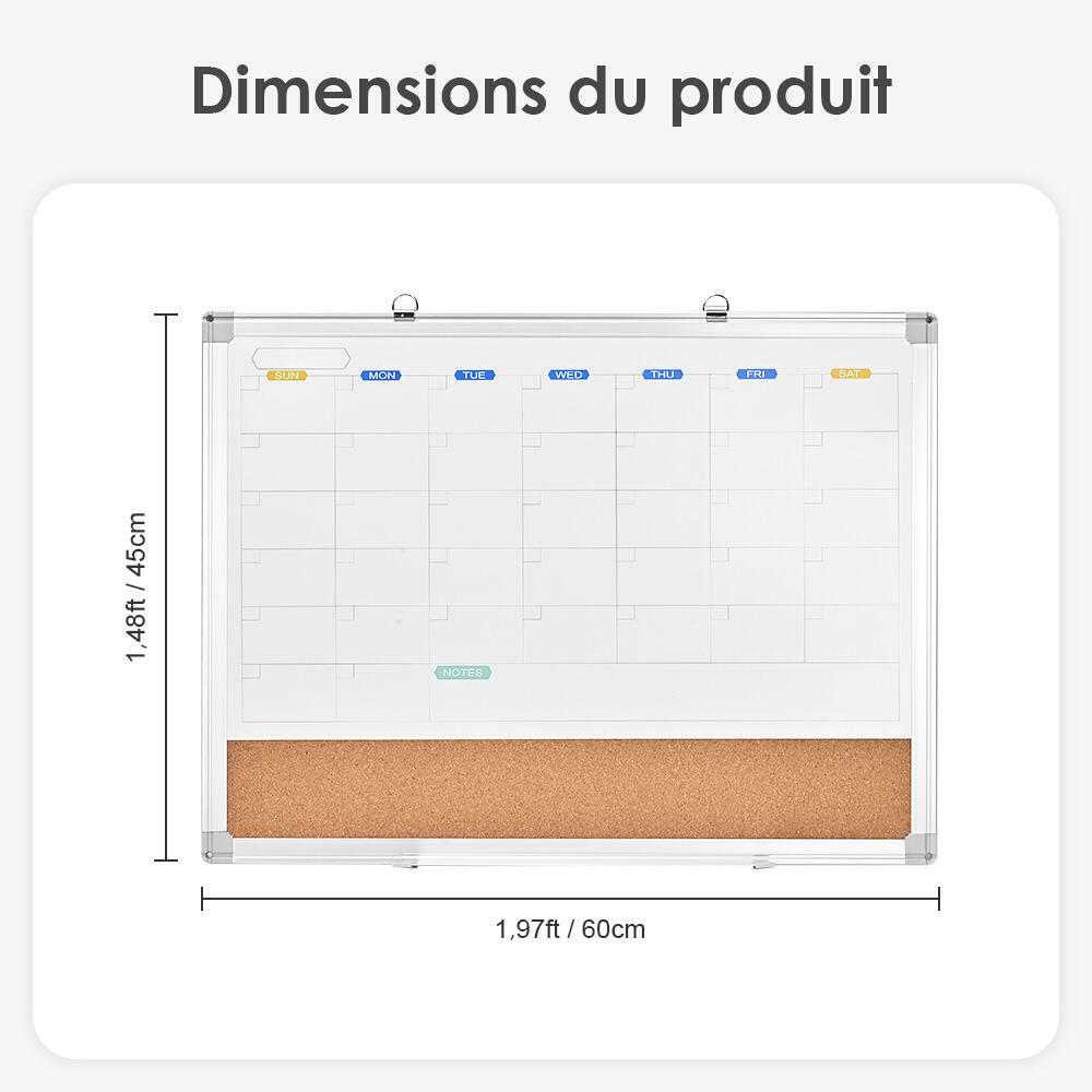 Calendrier mensuel magnétique Tableau blanc et tableau en liège - 60 x 45cm