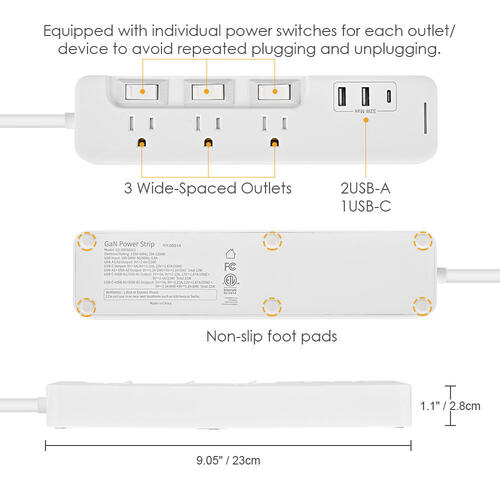 GaN 3 AC Outlets Surge Protector Power Strip with 1 USB C and 2 USB A ...