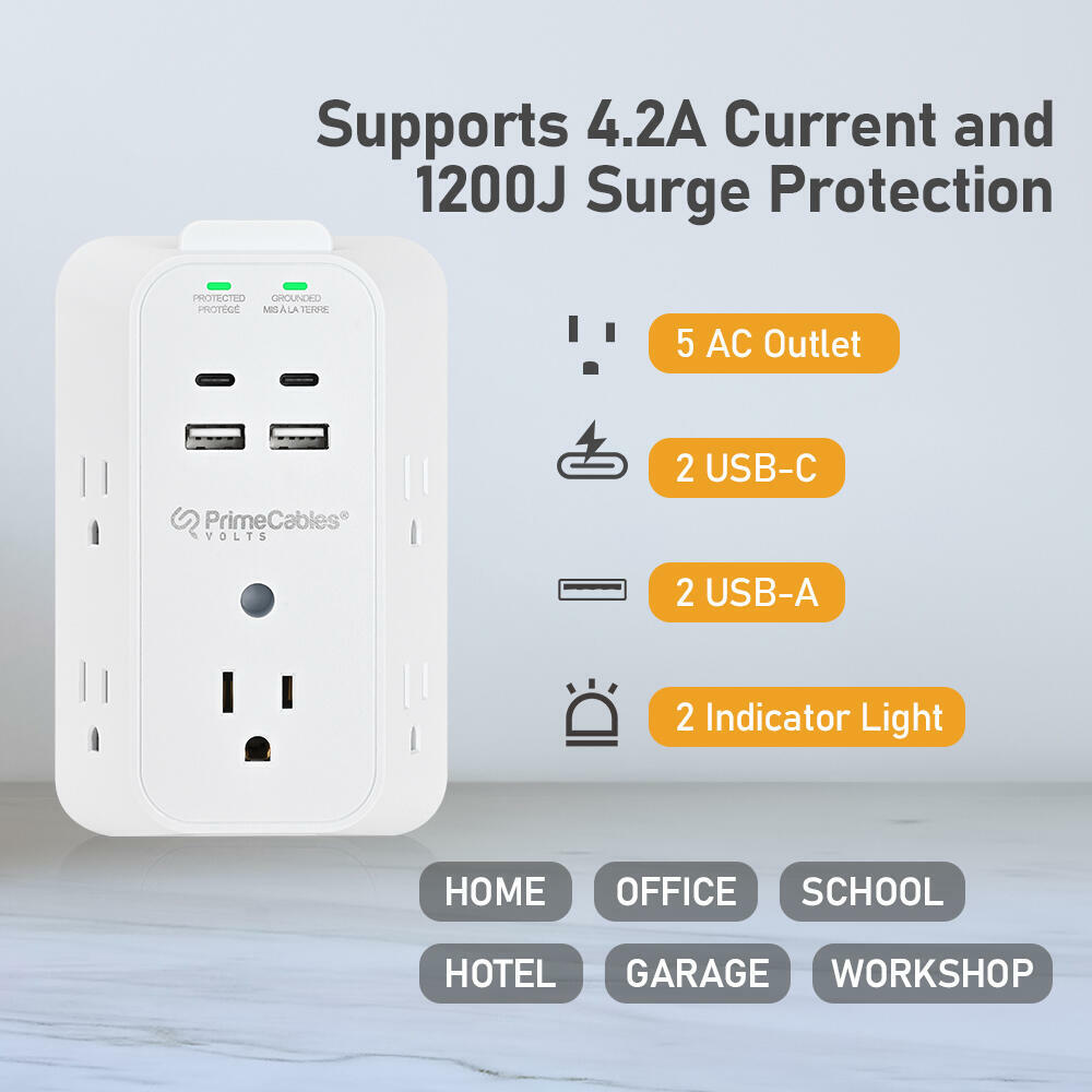 Trapezoid 900J Surge Protector 5-Outlet Extender with 2 USB-C + 2 USB-A ...