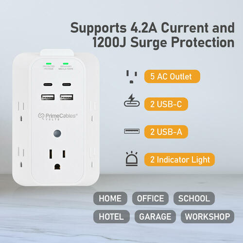 Trapezoid 900J Surge Protector 5-Outlet Extender with 2 USB-C + 2 USB-A ...