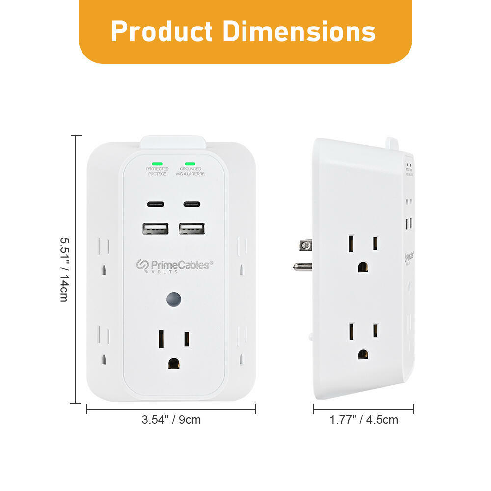Trapezoid 900J Surge Protector 5-Outlet Extender with 2 USB-C + 2 USB-A ...