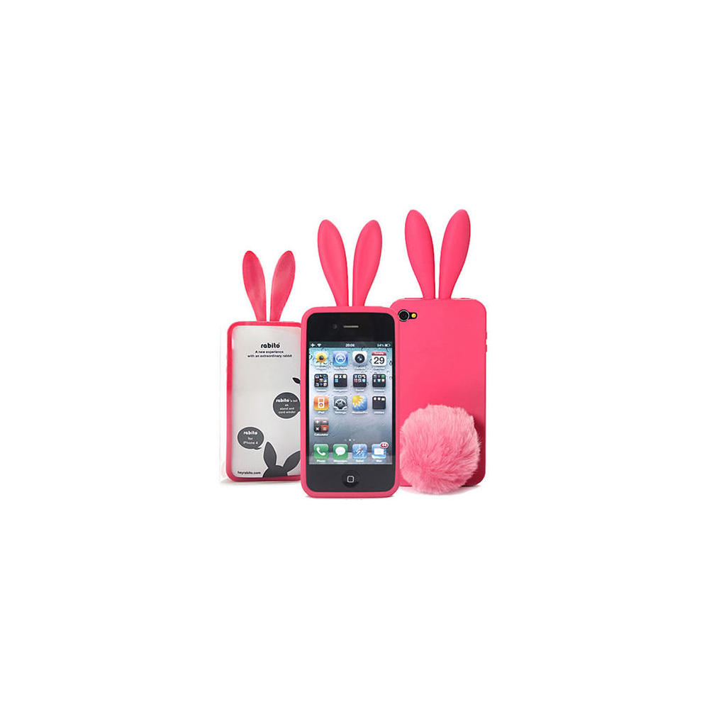 Super Cute 3D Rabbit Bunny Silicone Case with Tail Stand for iPhone 4, Pink