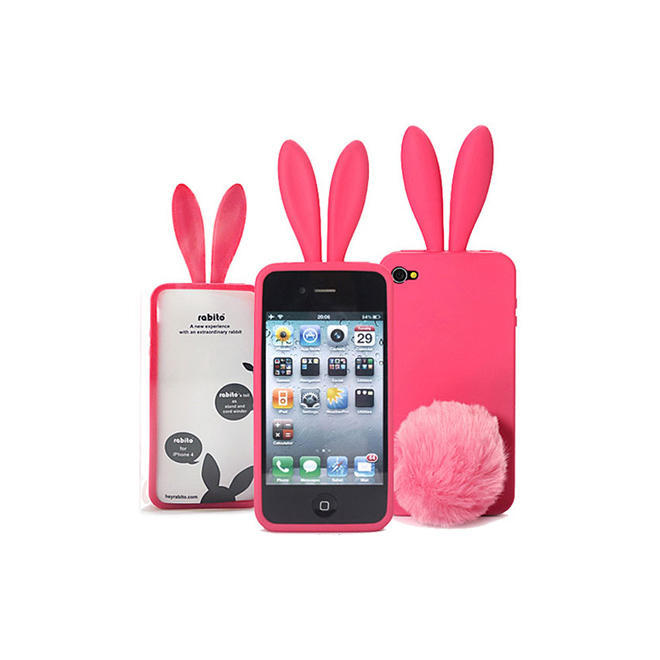 Super Cute 3D Rabbit Bunny Silicone Case with Tail Stand for iPhone 4, Pink