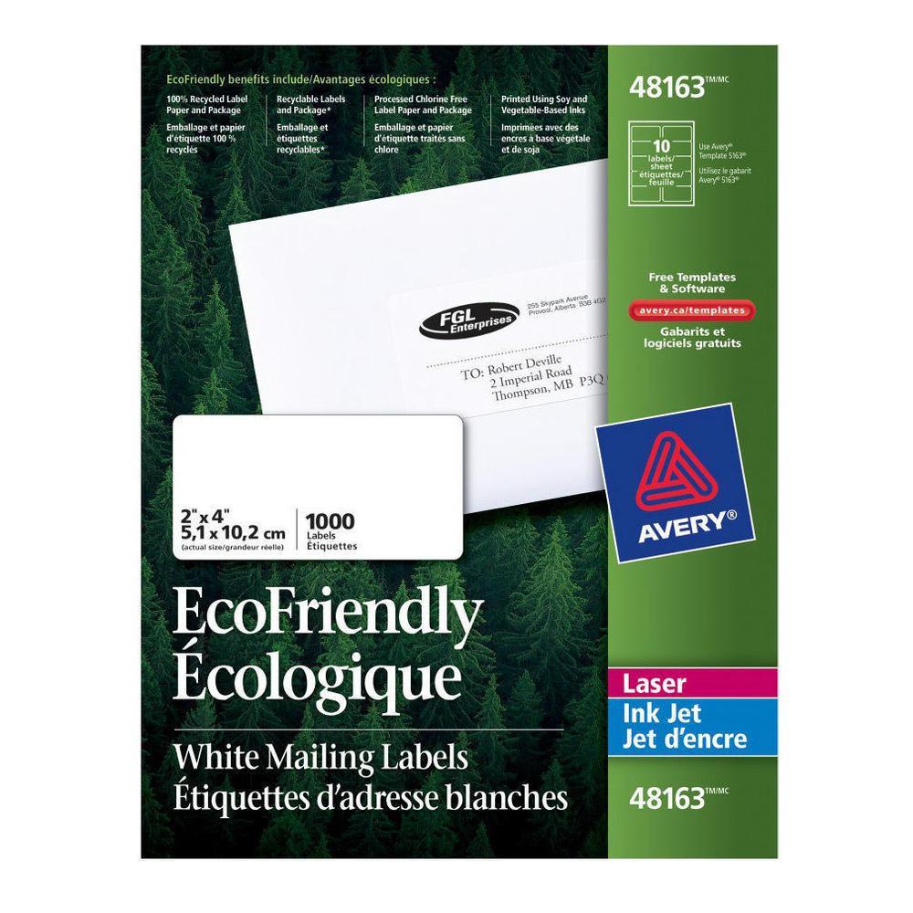 Avery® EcoFriendly White Mailing Labels - 4 x 2" (100), Package of 10 ...