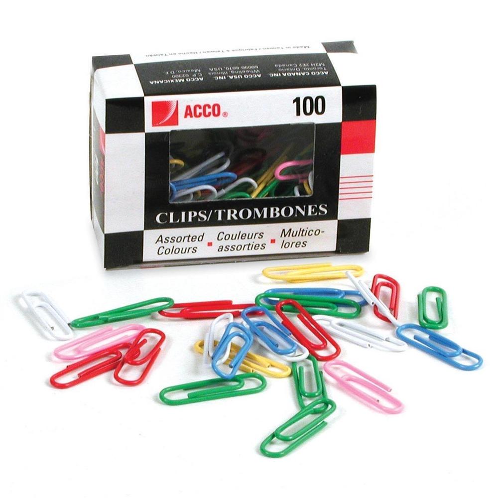 Acco Coloured Paper Clips with Vinyl Coating 100 / Box - Assorted Color