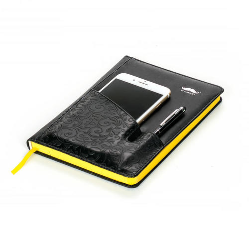 PU Notebook With Cell Phone Pocket, 96 Sheets, A5, Black and Yellow ...