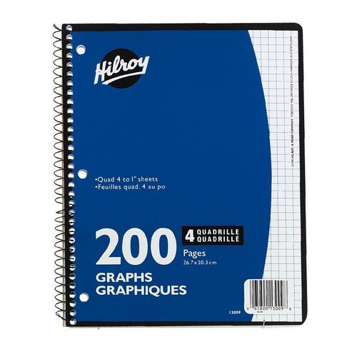 Hilroy Three Holes punched Graphs "Quad 4:1" Spiral Notebook