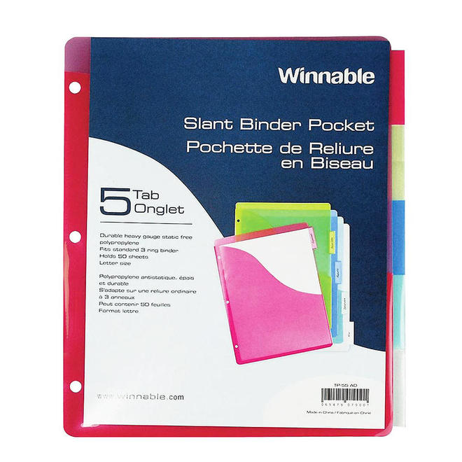 Winnable 5-Tab Slant Binder Pocket, 50-Sheet Capacity, Assorted Colors