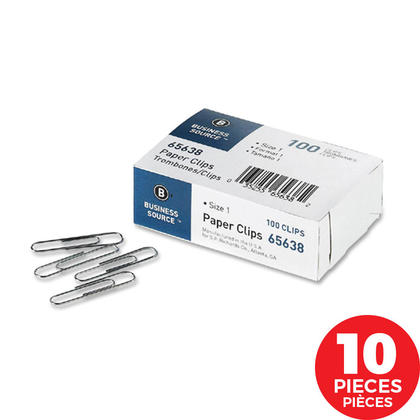 Business Source Paper Clip, Size #1, Silver Steel, 10 Box/ Pack, 1030345