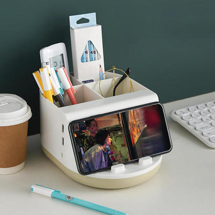 Multifunctional 4-Compartment Desk Organizer with Wireless Charging Pad