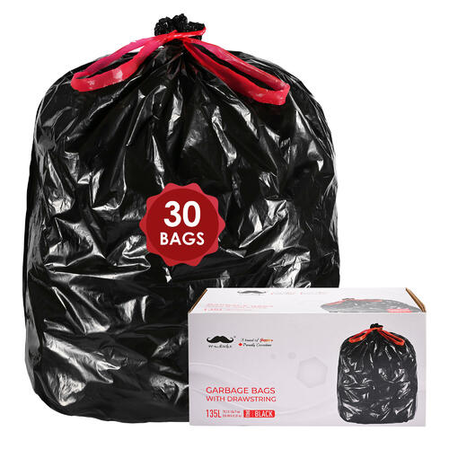 Ultra Strong Large Garbage Bag with Drawstring, 30 Bags/Pack, Black ...