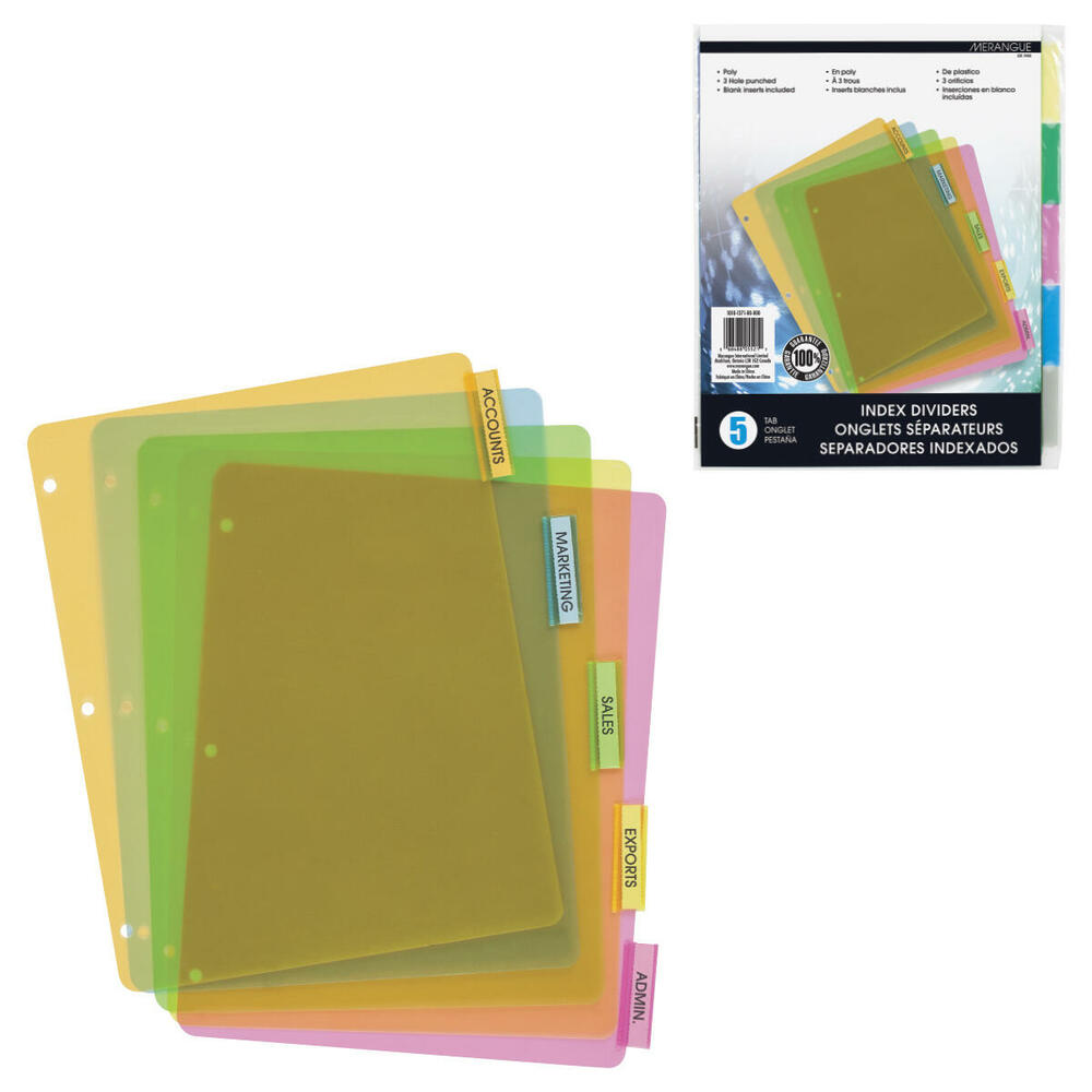 Merangue® Poly Index Dividers, 3 hole punched, Includes Inserts for Tabs