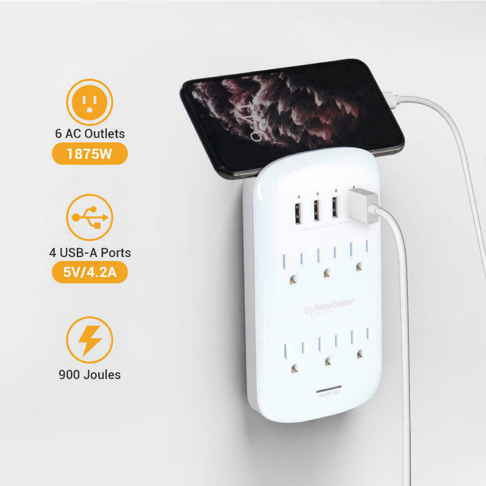 6-Outlet Surge Protector with 4 USB Ports - Wall Mount - PrimeCables