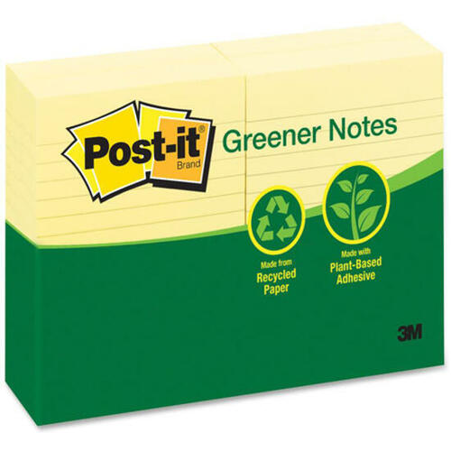 Post-it® Notes lignées recyclées jaunes, 4" x 6", amovibles, 12 / paquet