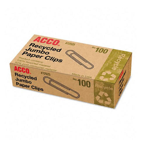 Acco Recycled Jumbo Paper Clips - Box of 100, Silver