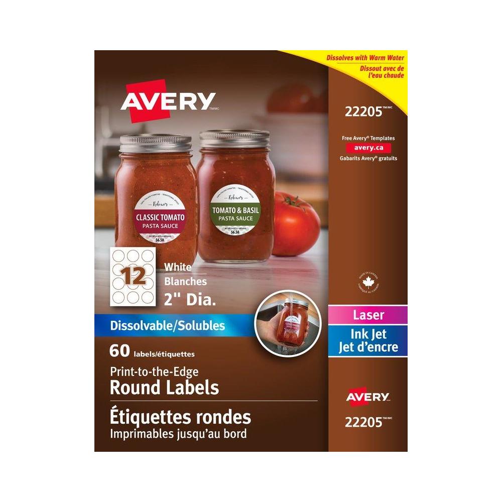 Avery® Dissolvable White Labels, 2" Round, Package of 60