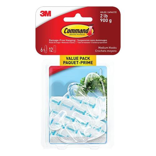 3M Command™ Adhesive Hooks, 6 Medium Hooks with 12 Strips, Holds 2lb, Clear