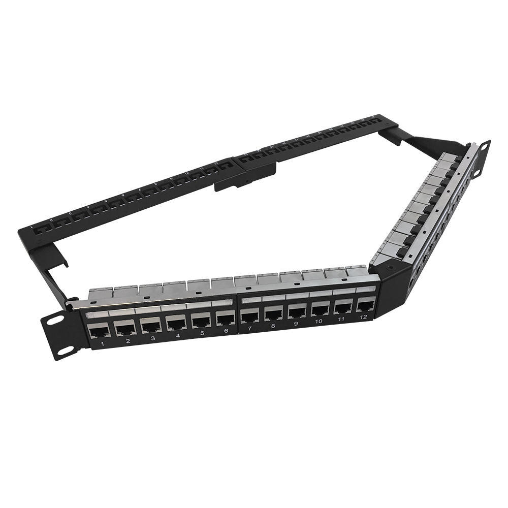 24 Port Angled CAT6 Shielded Patch Panel, 19" Rackmount 1U Pass-Through