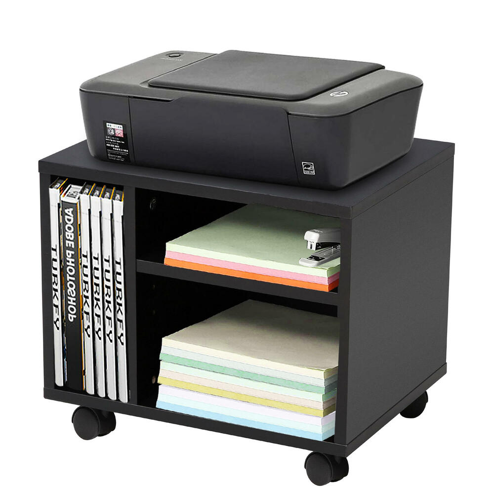 Two-Layer Mobile Wood Printer Stand Cabinet with 3 Storage Compartments ...